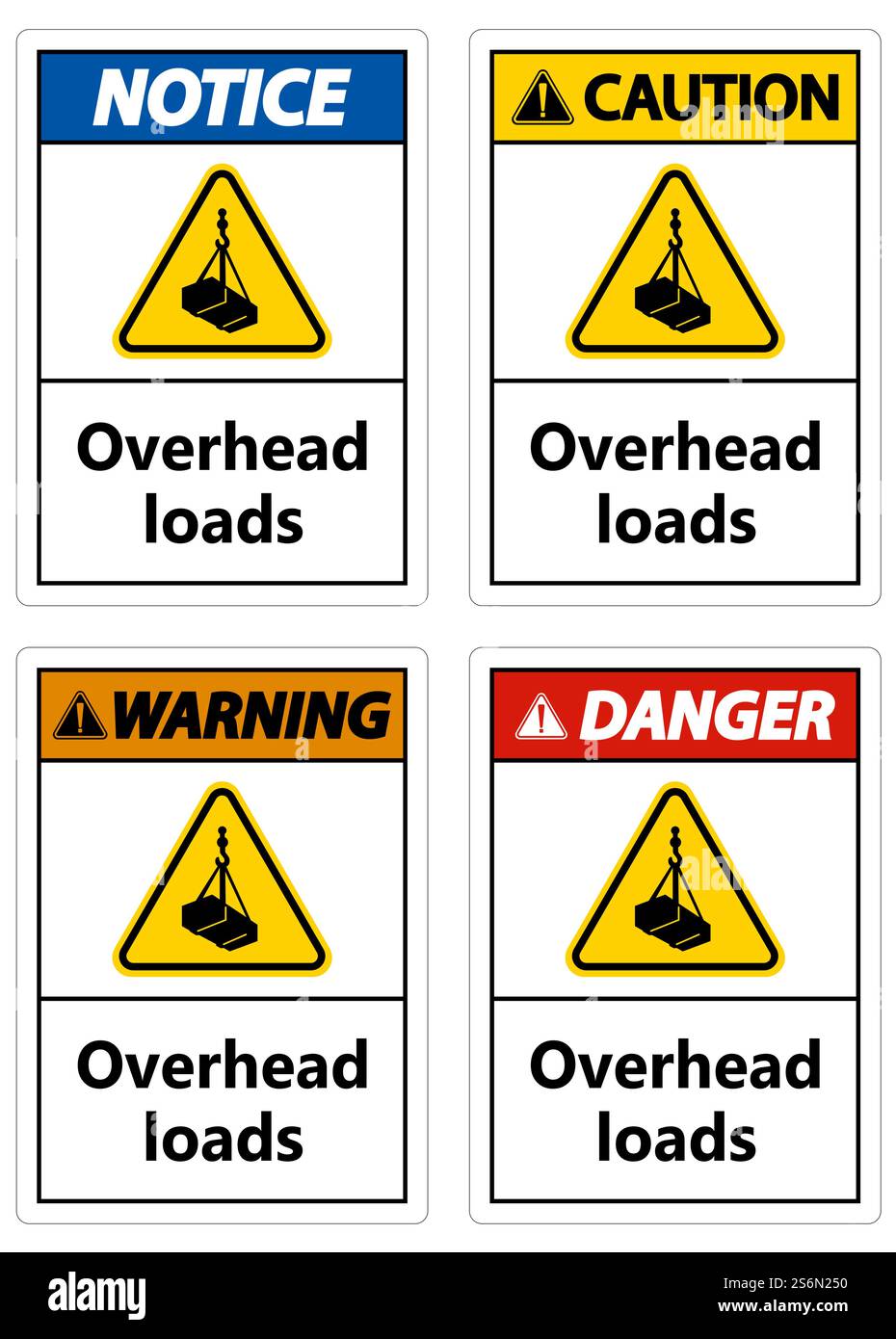 Danger, overhead load text, falling hazard risk caution warning sign ...