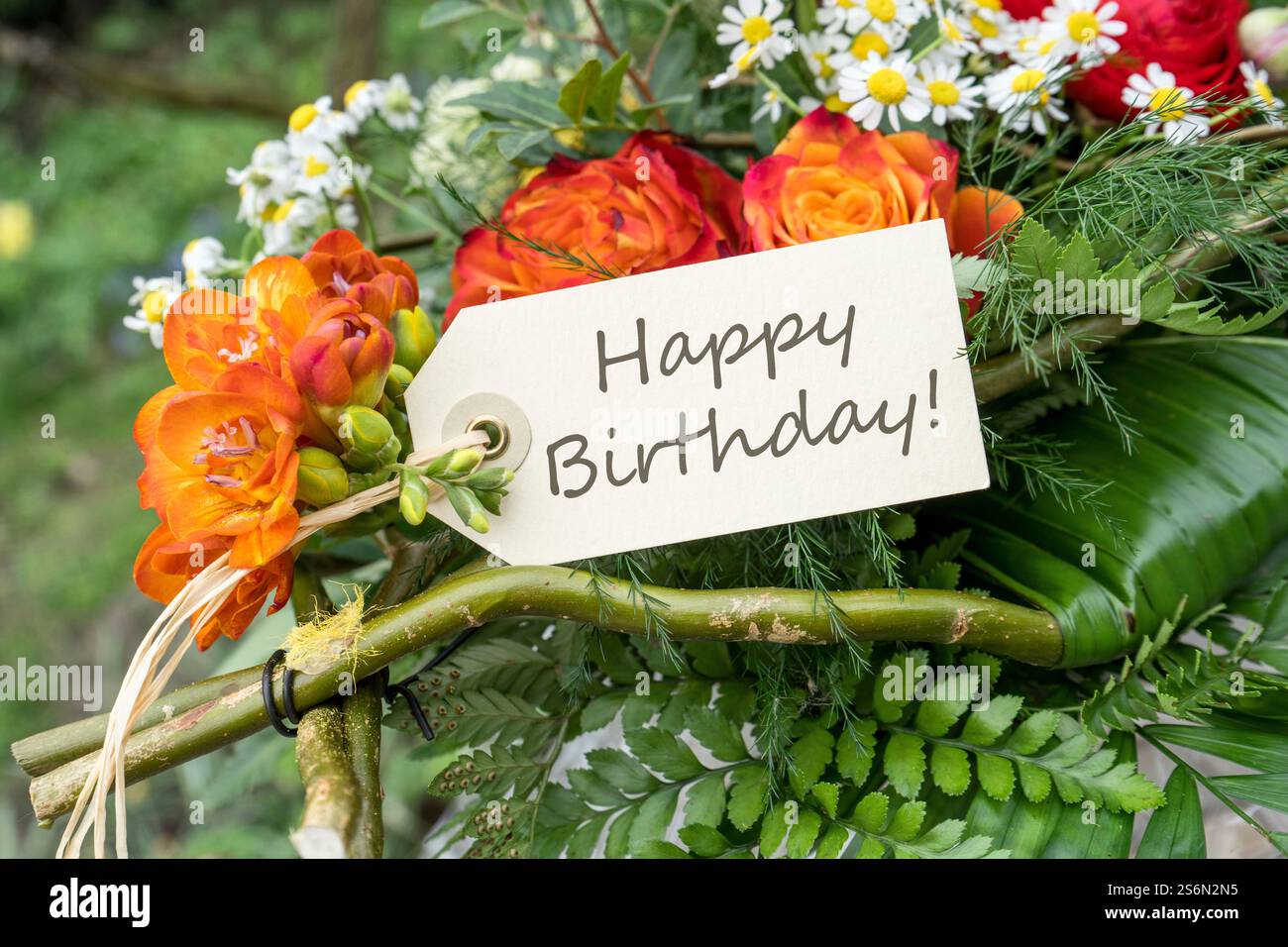 Birthday greeting card in English with red flowers Stock Photo - Alamy