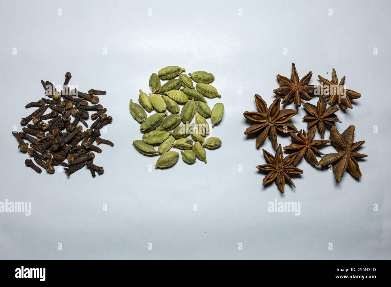 fresh raw cloves, cardamom and star anise in studio light shot on white ...