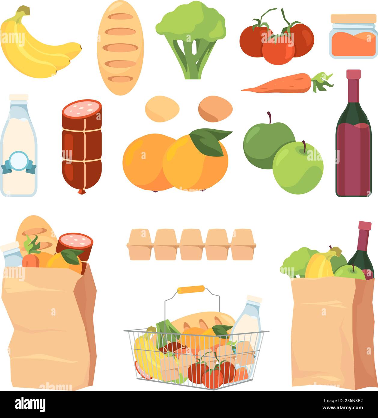 Product bags. Shopping carts with different grocery food healthy fruits ...