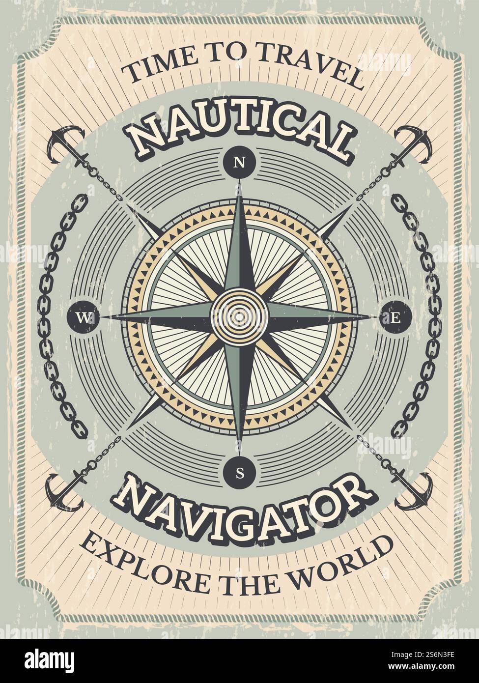 Nautical poster. Wind rose and stylized marine symbols for travelers ...