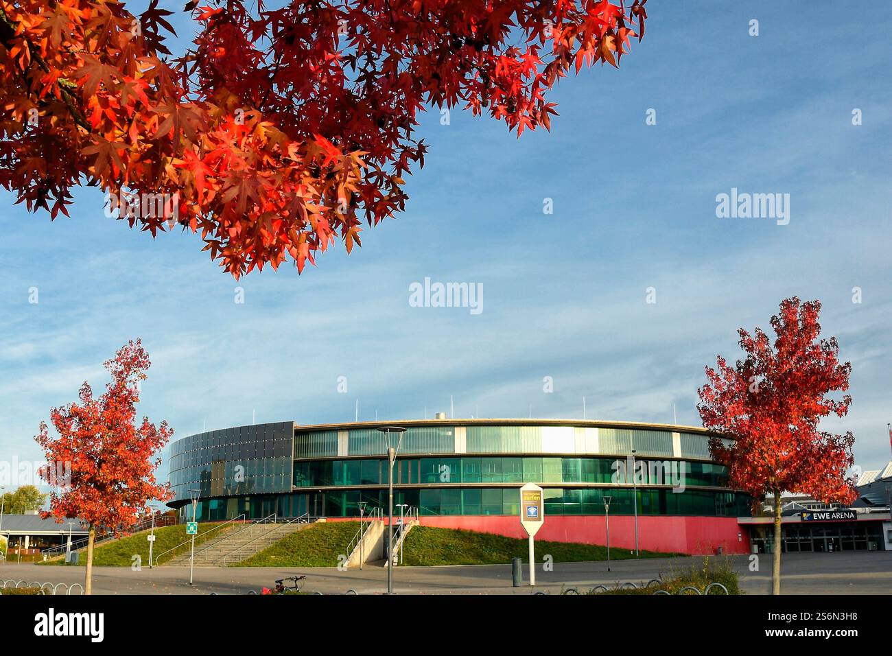 Amber trees in autumn colors in front of the small EWE arena in ...