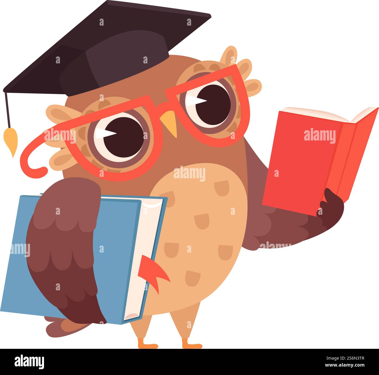 Self education. Owl reading books, isolated smart character. Cartoon ...