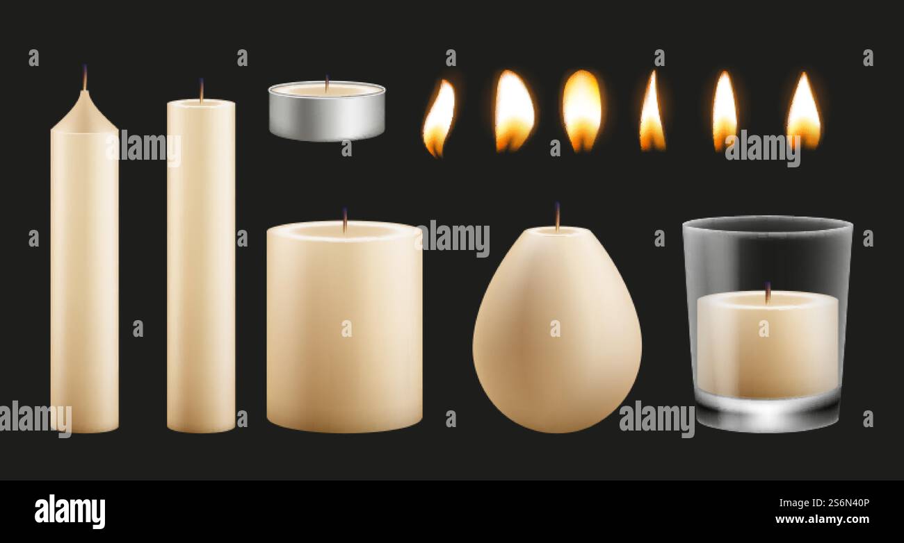 Candles kit design. Realistic wax base of different shapes and flames ...