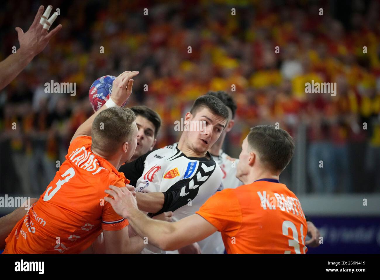 North Macedonia's Marko Mitev, centre, tries to score during the second ...