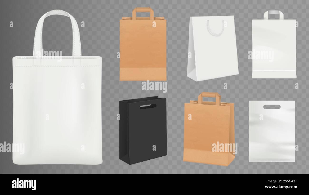 Paper bags. Realistic craft shopping bag, white and black packs vector ...