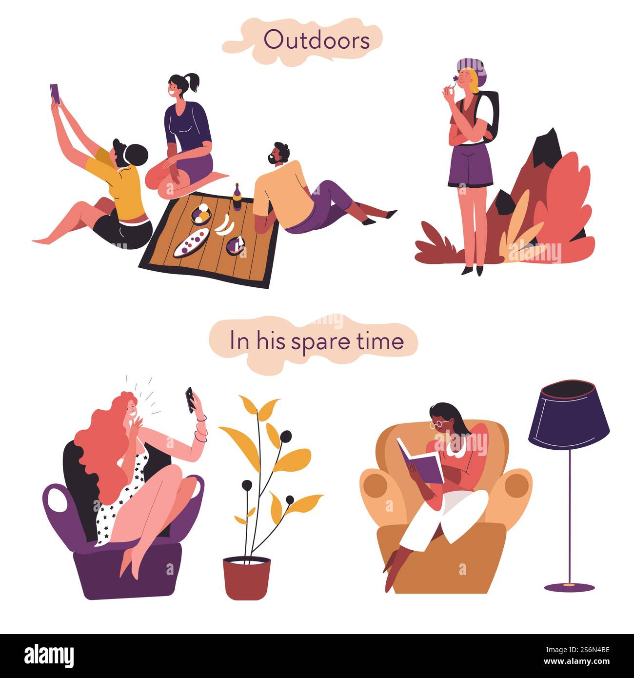 Introvert versus extrovert, comparison of people in spare time and outdoors. Extroverted people ...