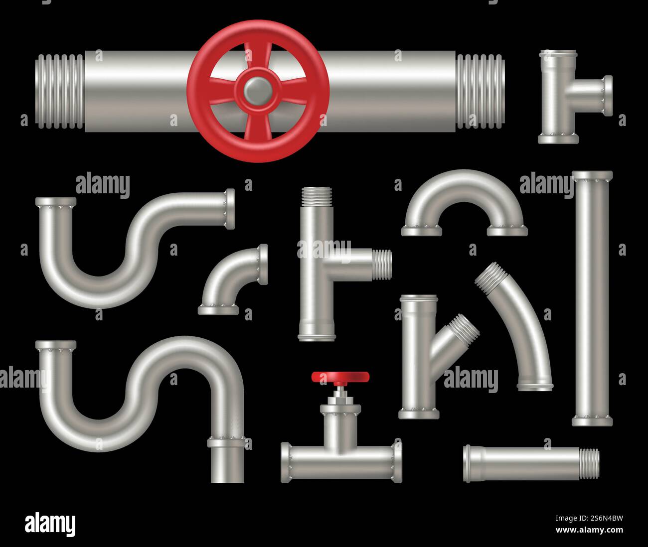 Pipelines realistic. Factory steel tubes curve metalic oil or water ...