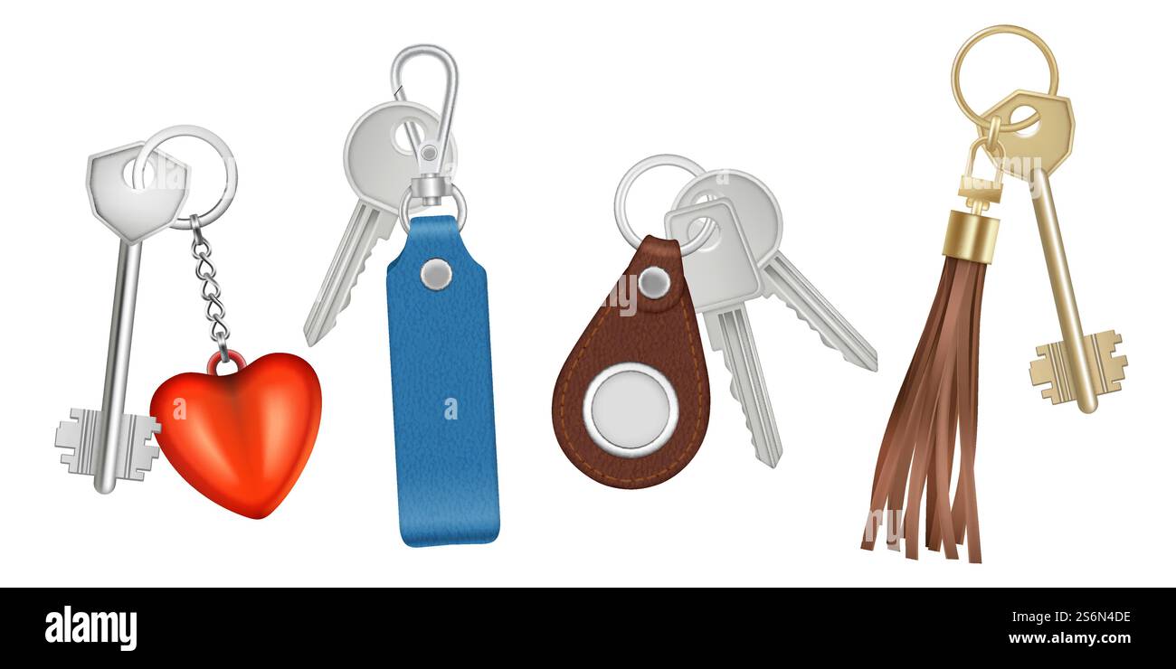 Keys on keychains. Realistic bunch with keys trinket different forms ...