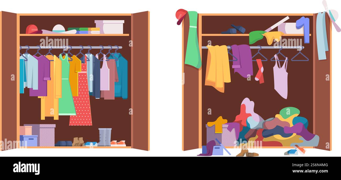 Messy clothes wardrobe. Modern interior storage with opening and closed ...