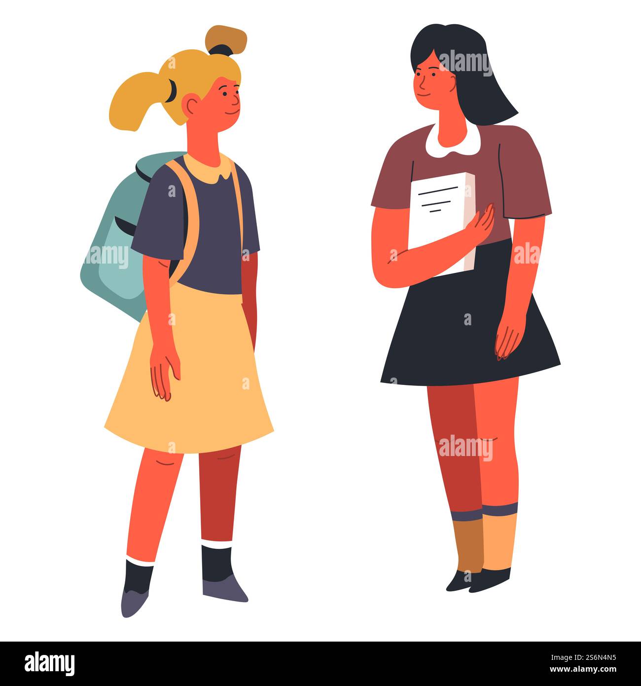 Pupils with satchels and books talking, isolated female characters ...
