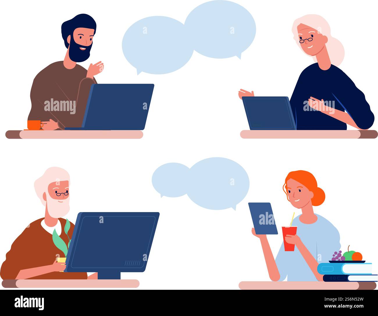 Calling to parents. Man woman talk with old mother and father. Call ...