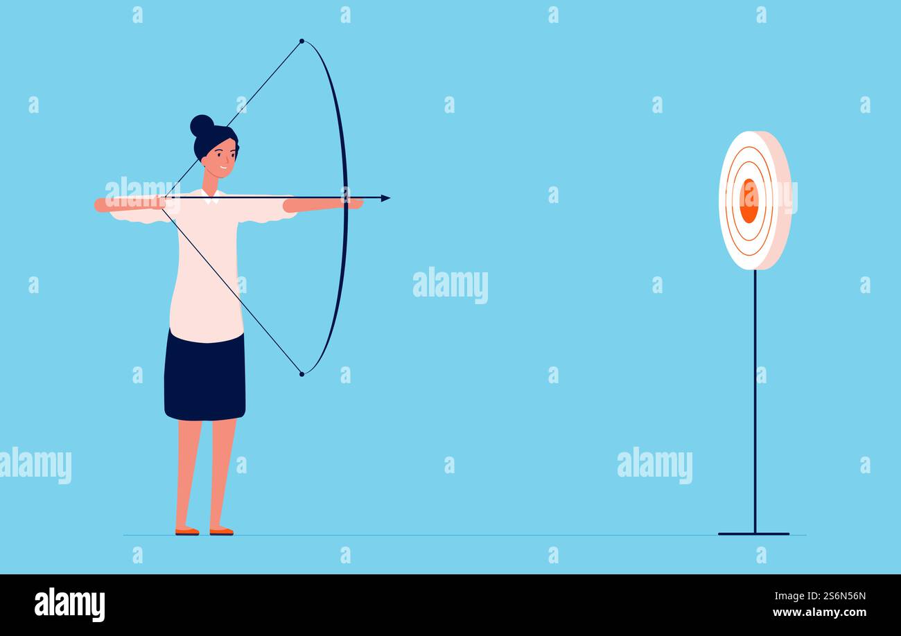 Target goal. Business woman shooting with bow and arrow, successful ...