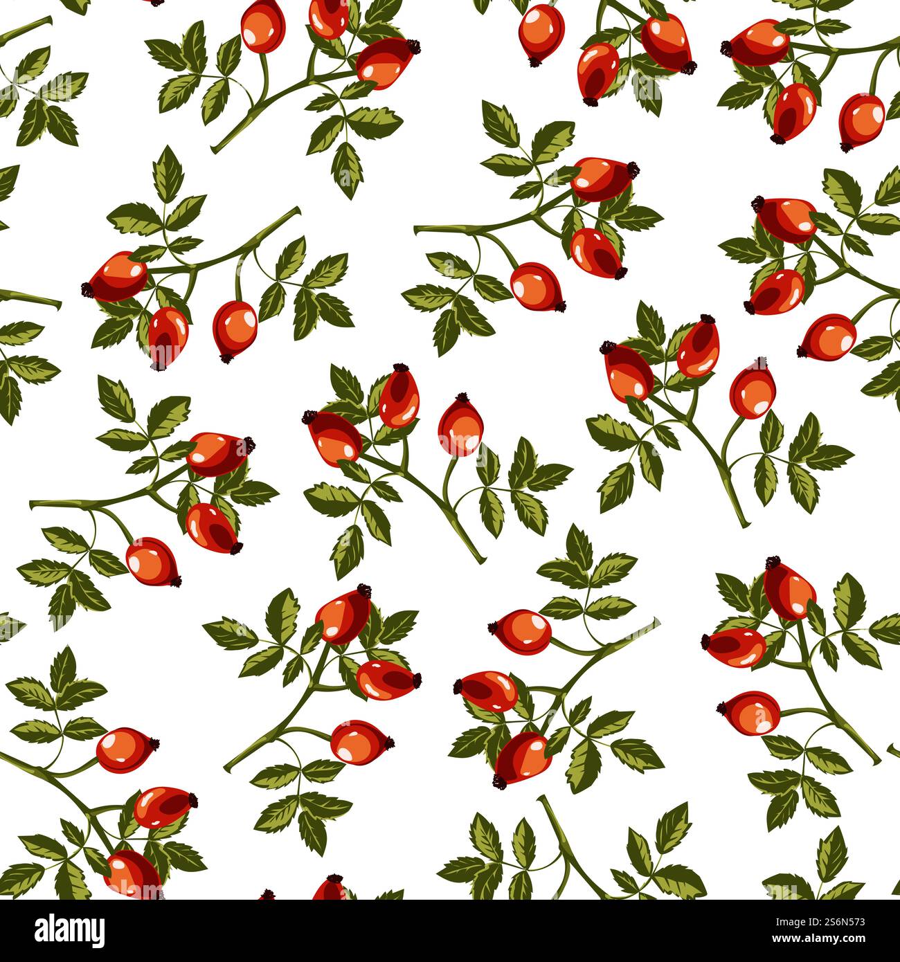 Eglantine branches with foliage and fruits, seamless pattern of dog ...