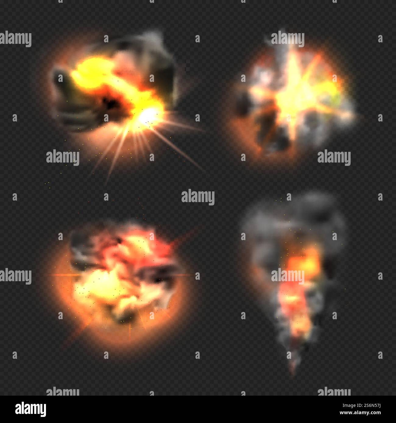 Bomb explosion. Exploded fire flame and smoke dramatic effects vector ...