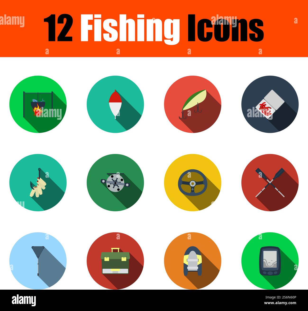 Fishing Icon Set. Flat Design With Long Shadow. Vector illustration ...