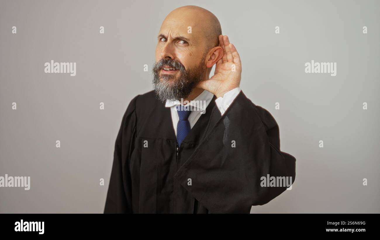 Hispanic man in a judge's robe, bald with a beard, making a listening ...