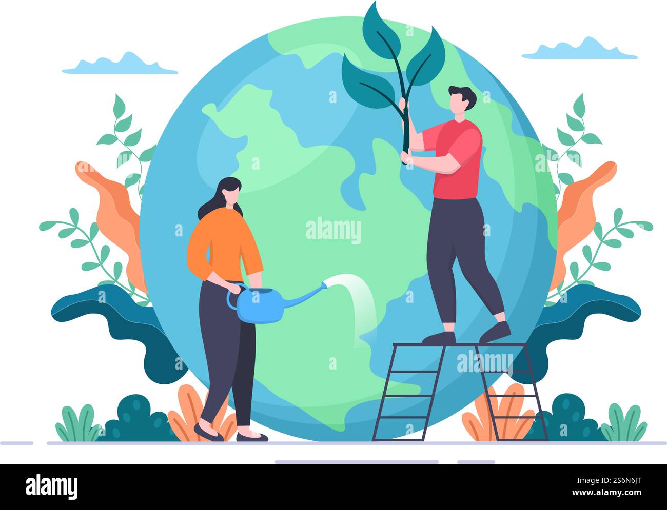 People Planting Trees Flat Cartoon Vector Illustration With Gardening ...