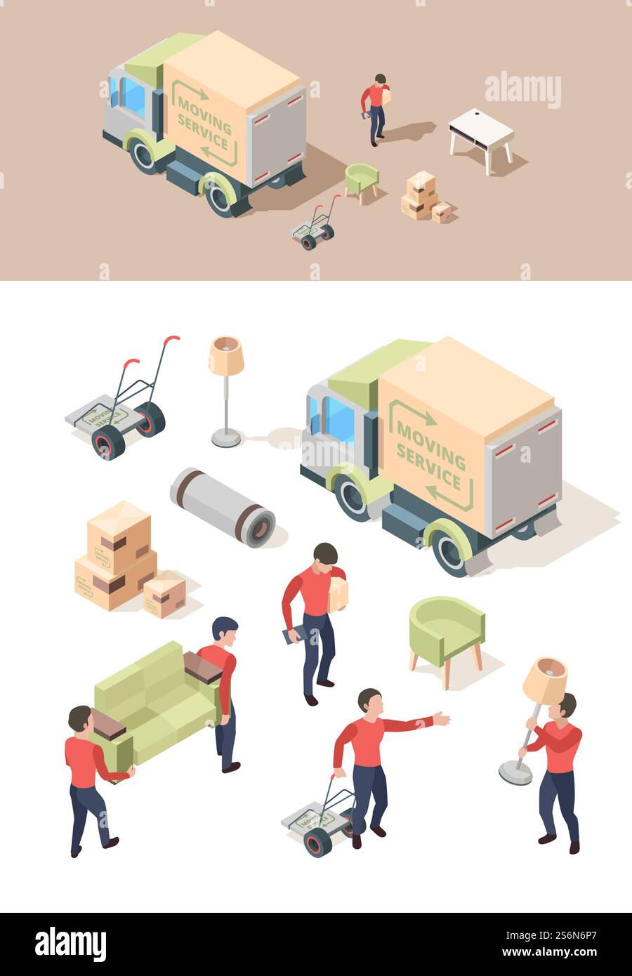 Loading furniture. Transporting vehicle move out furniture in new house ...