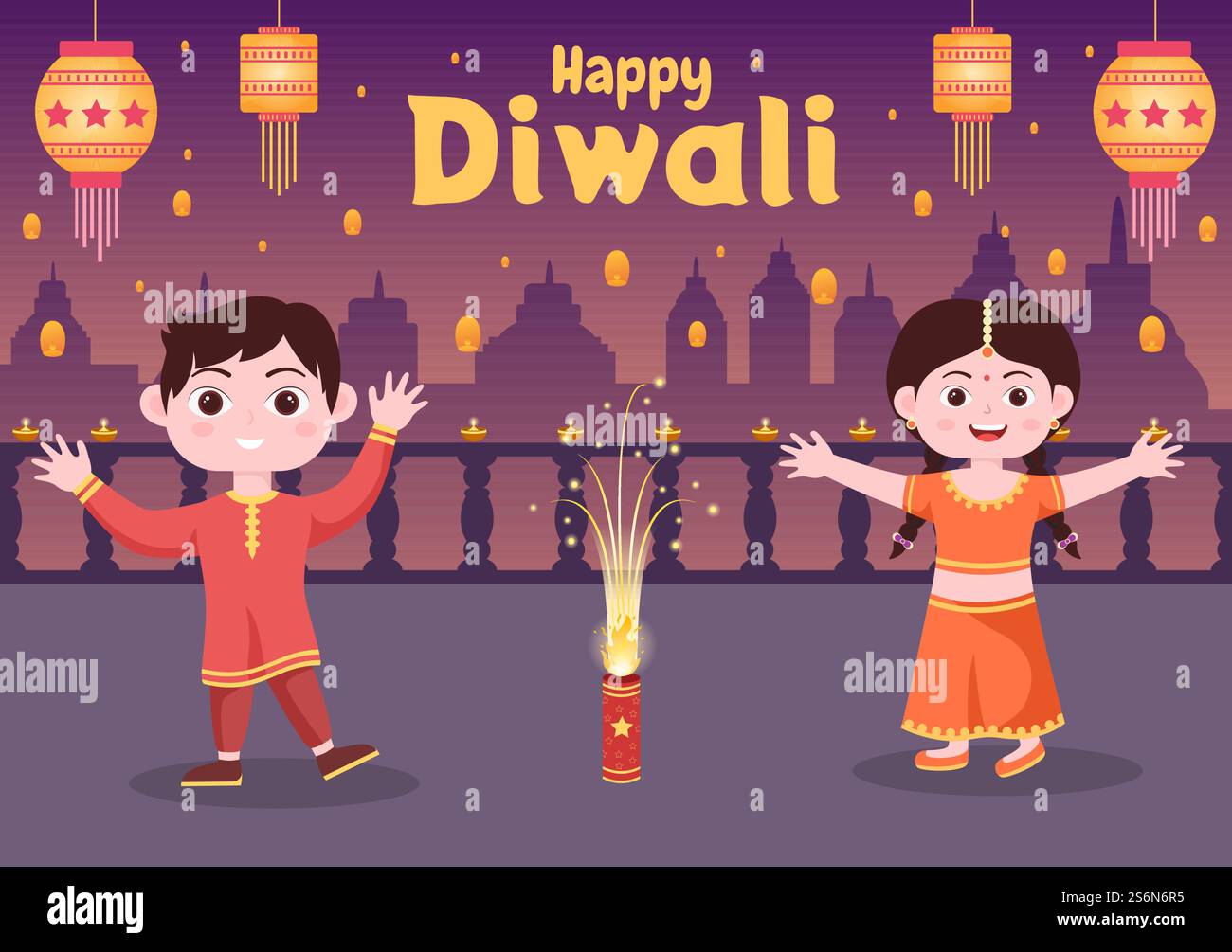 Cute Indian Kids Celebrating Diwali Day Holding Lanterns, lighting ...