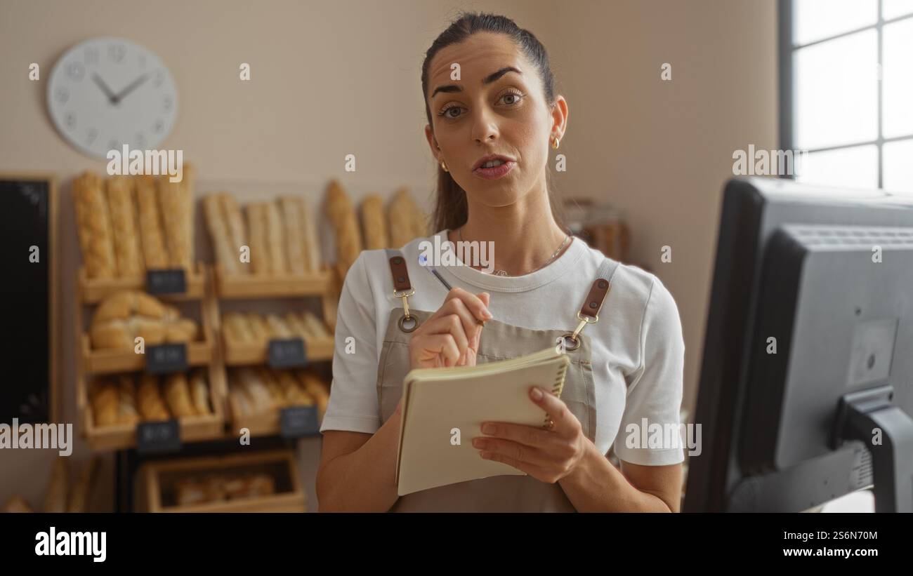 Woman working in a bakery taking notes wearing apron standing behind ...