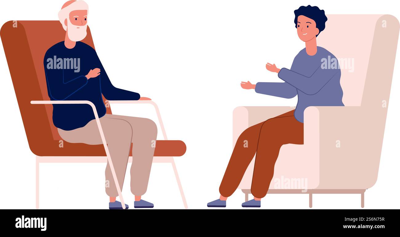 Boy and grandfather. Family talking, have conversation. Psychotherapy ...