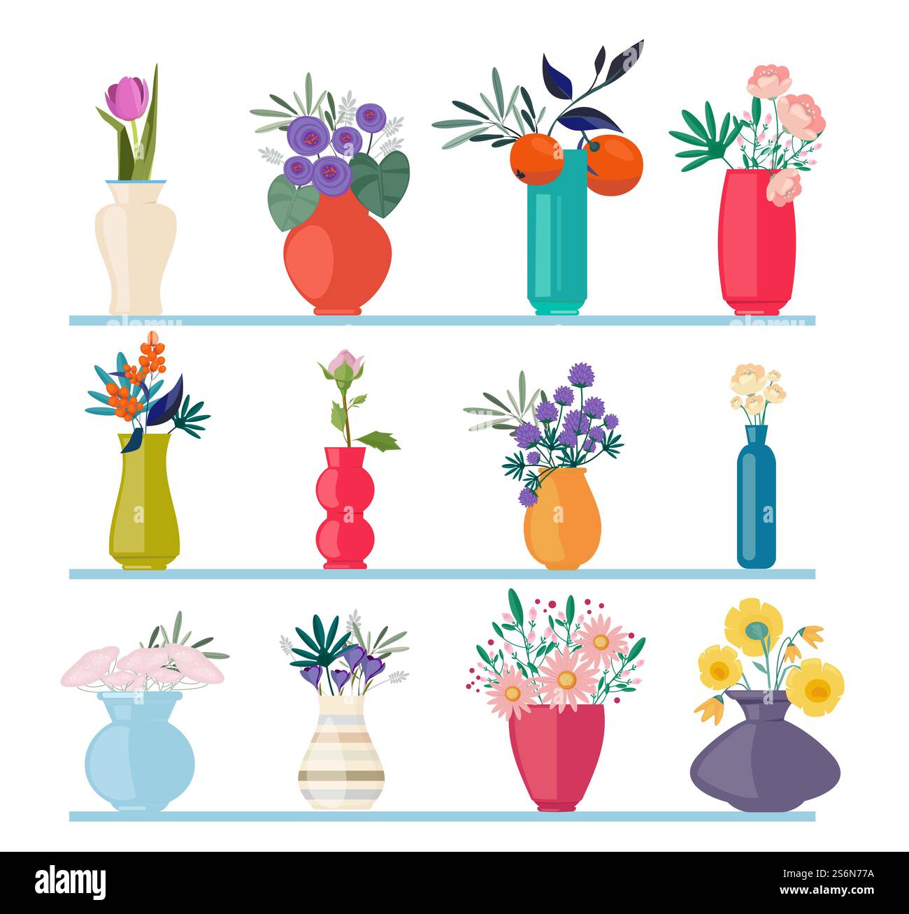 Spring flowers. Beautiful buds branches in vases summer flowers vector ...
