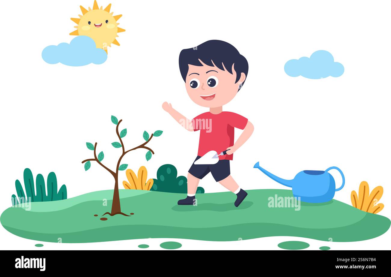 People Planting Trees Flat Cartoon Vector Illustration With Gardening ...