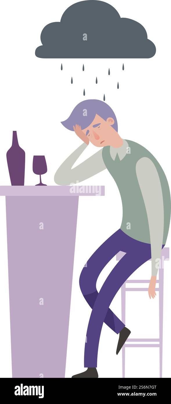 Alcohol addiction. Sad depressed man metaphor. Alone guy with drink in ...
