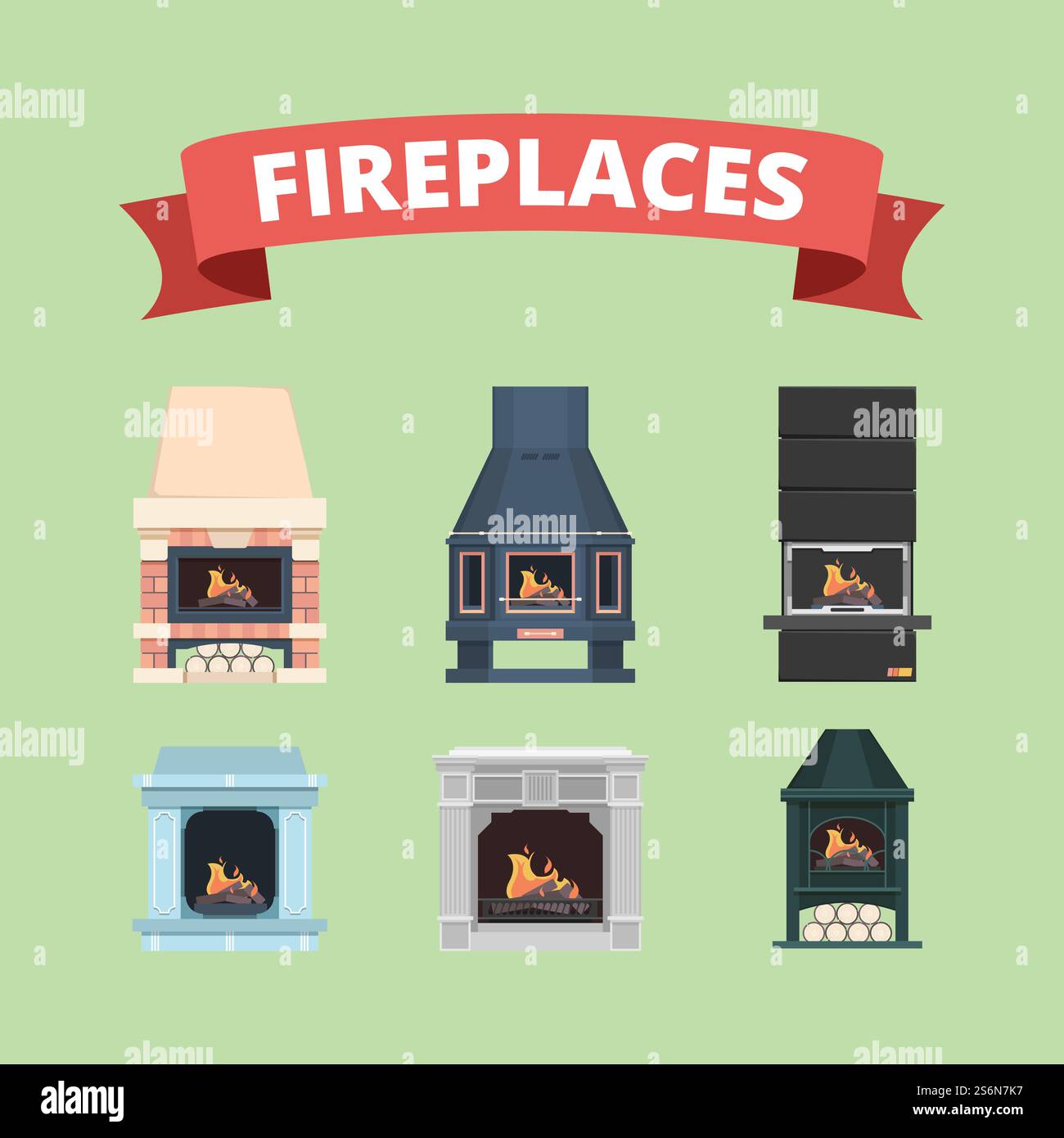Fireplace. Retro gas stove flame decoration in interior vector flat pictures fireplaces. Stove ...