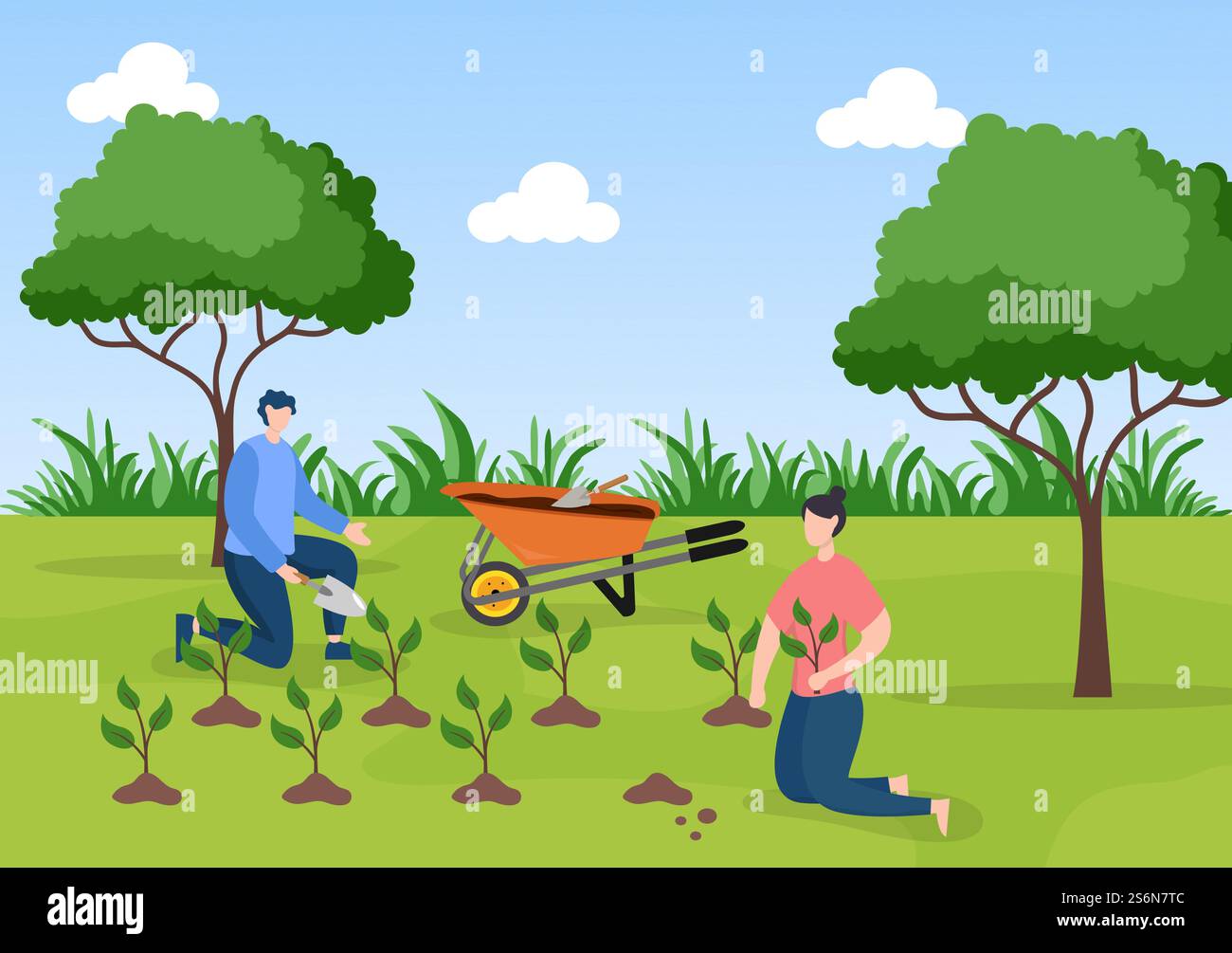 People Planting Trees Flat Cartoon Vector Illustration With Gardening ...
