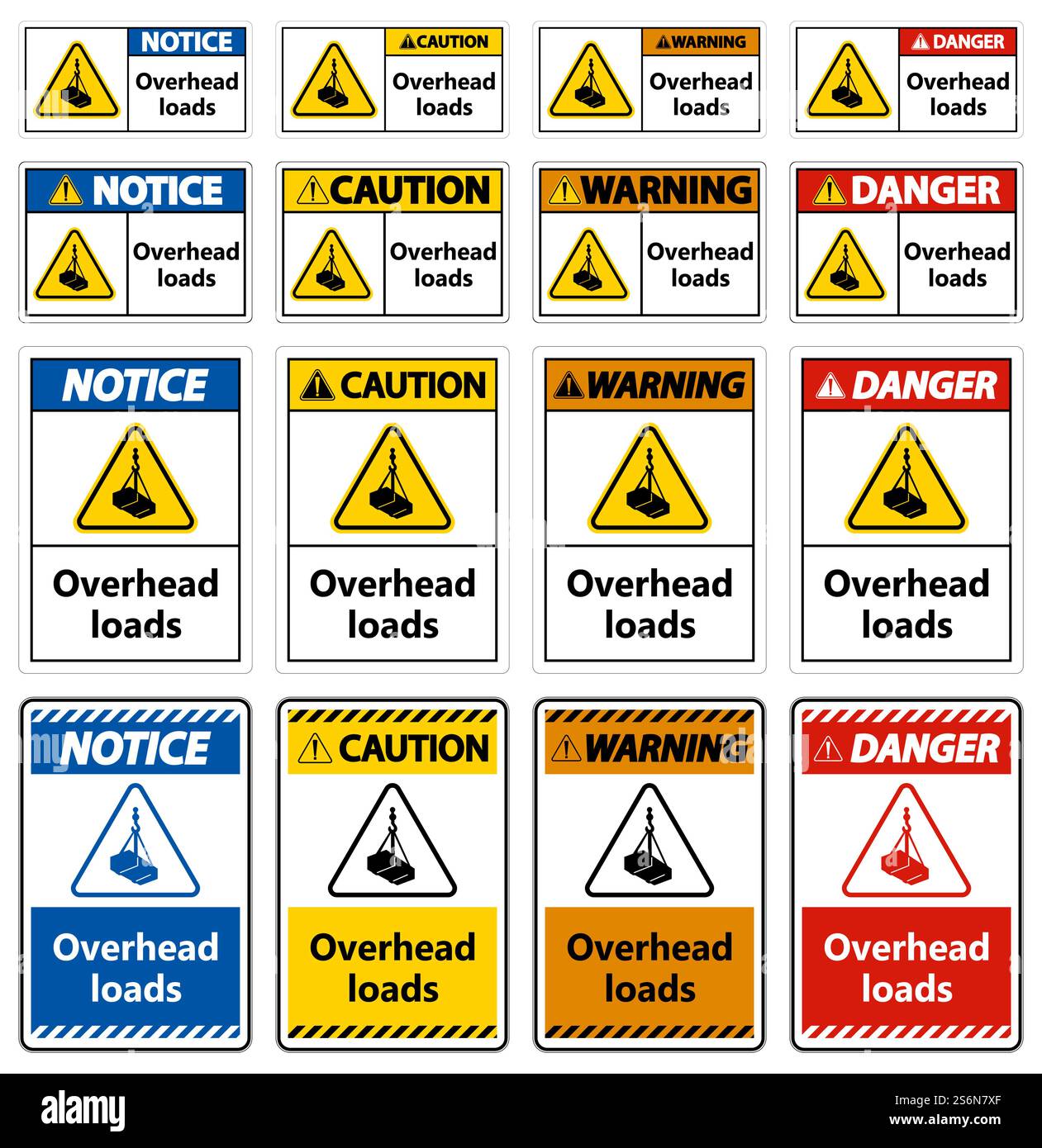 Danger, overhead load text, falling hazard risk caution warning sign ...