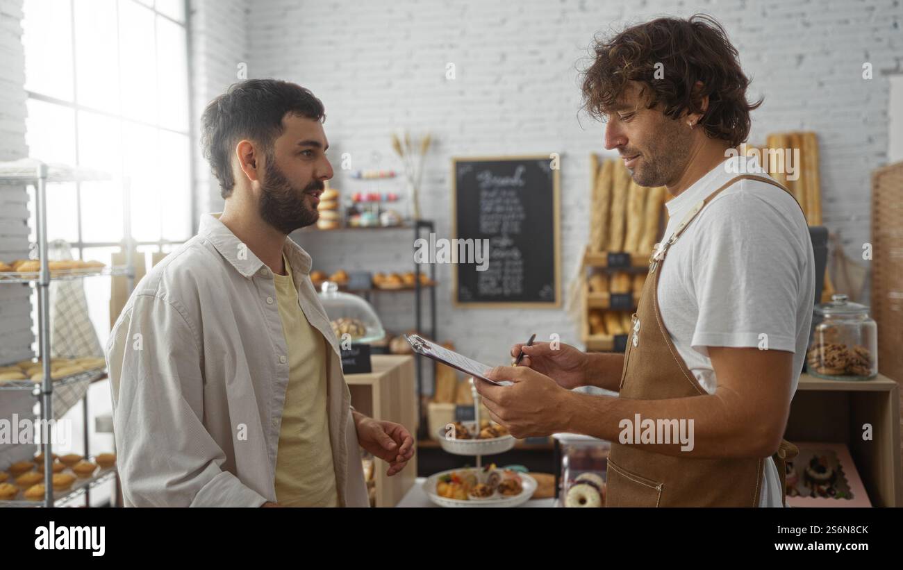 Men interacting in a bakery where a waiter takes an order from a male ...