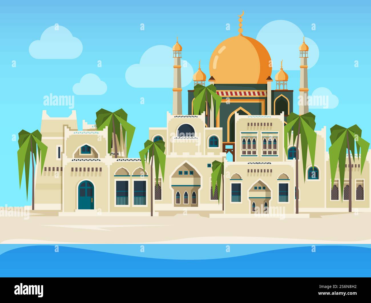 Arabic landscape. Cultural muslim buildings desert background with ...