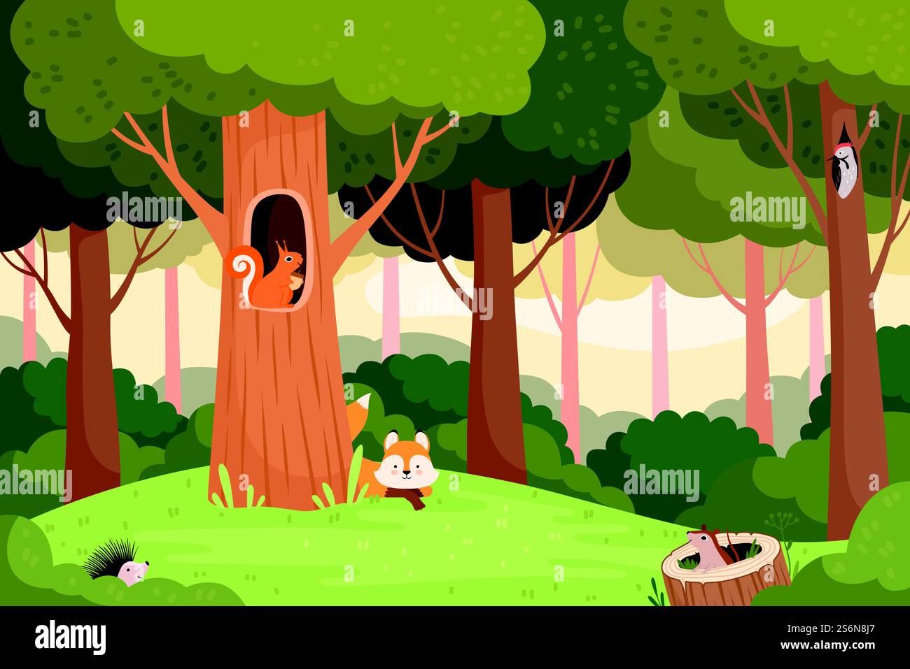 Forest landscape. Trees with holes for wild animals house in wooden ...