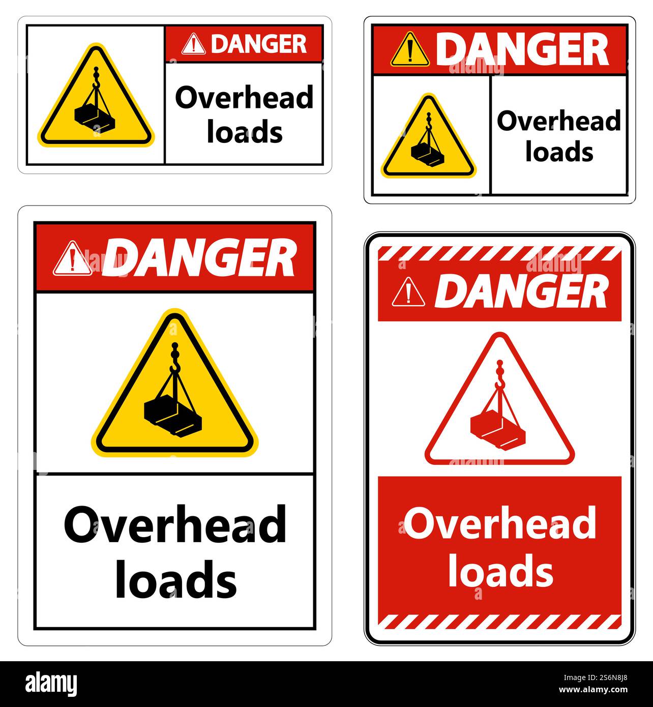 Danger, overhead load text, falling hazard risk caution warning sign ...