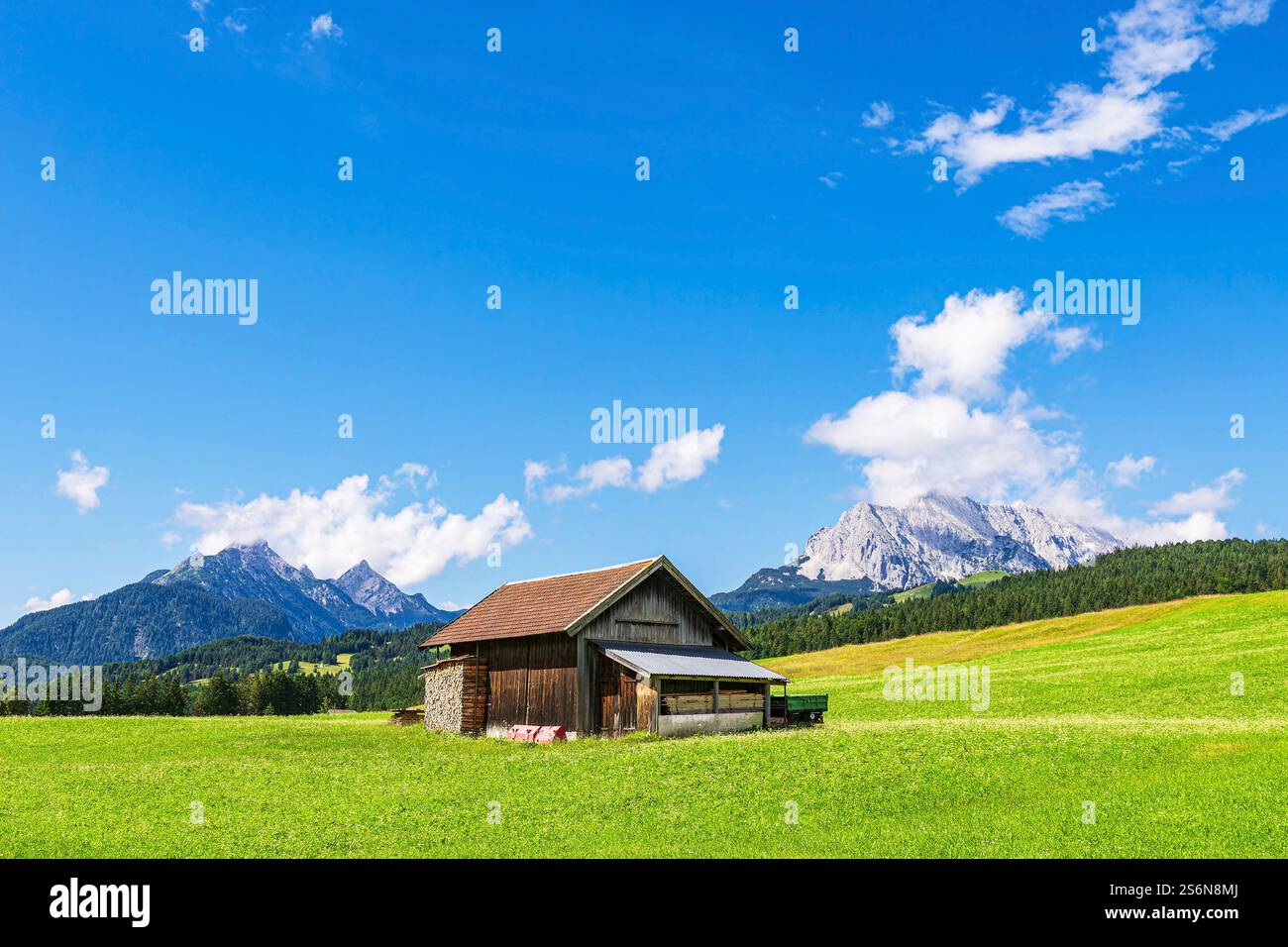 Hay hut in the hummock meadows between Mittenwald and Krün Stock Photo ...