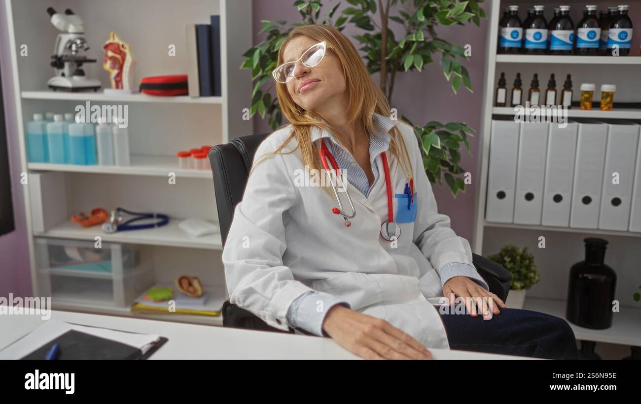 Woman relaxing in clinic room with medical tools, wearing glasses and ...