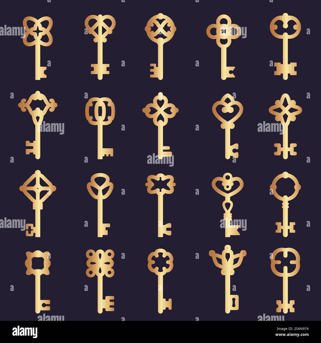 Metal keys collection. Steel keys collection silhouettes symbols of ...