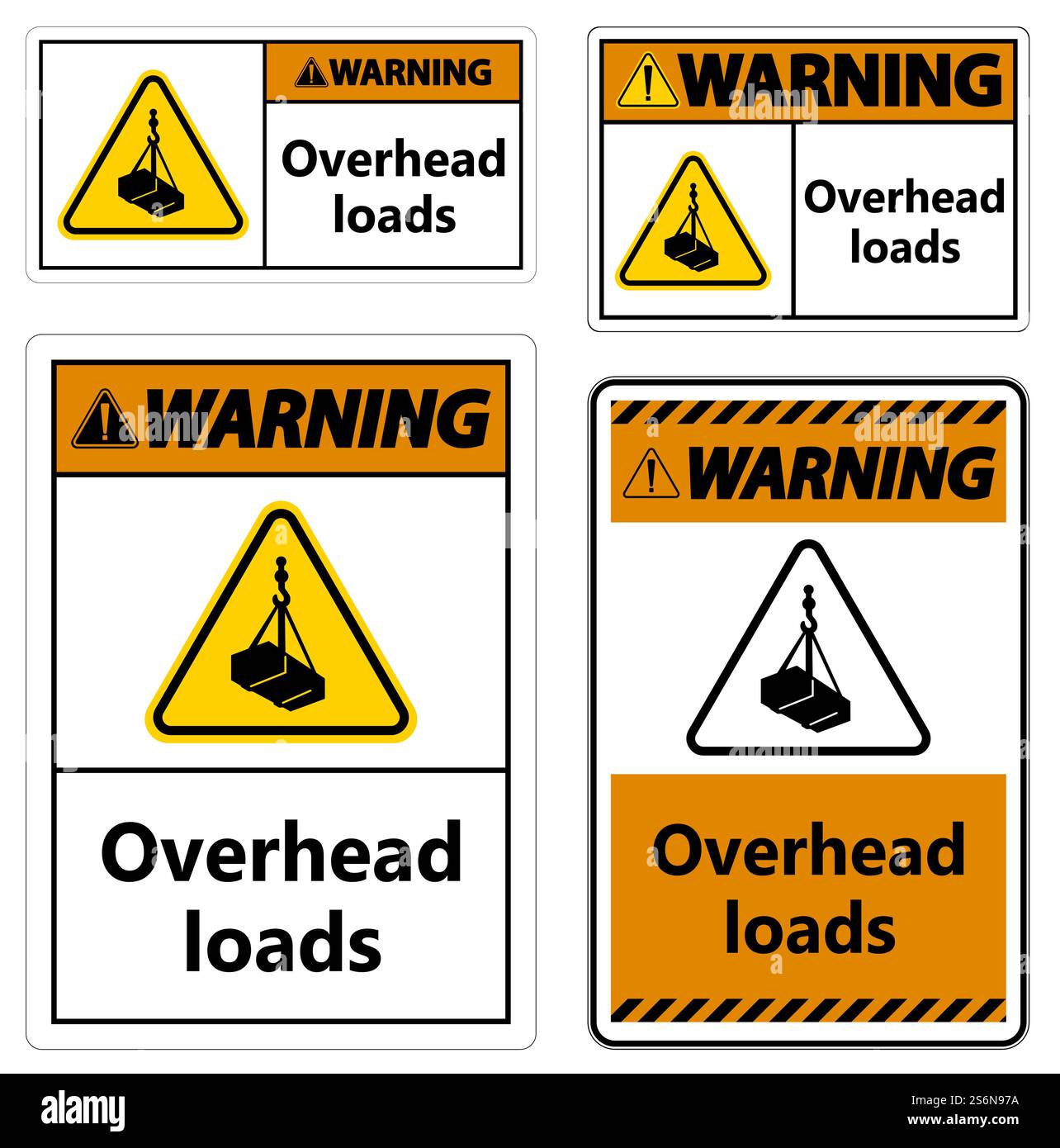 Danger, overhead load text, falling hazard risk caution warning sign ...