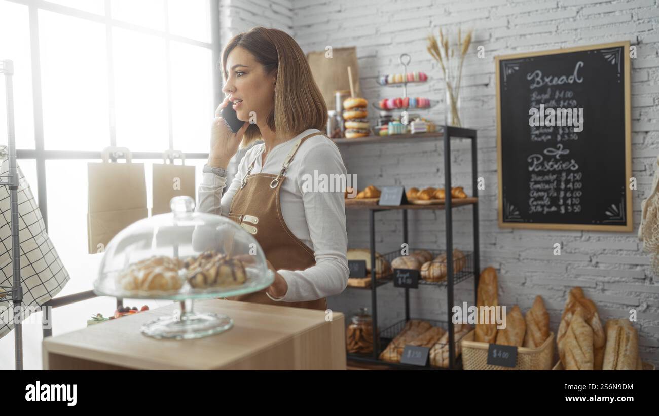 Woman talking on phone in a bakery shop with a variety of pastries and ...