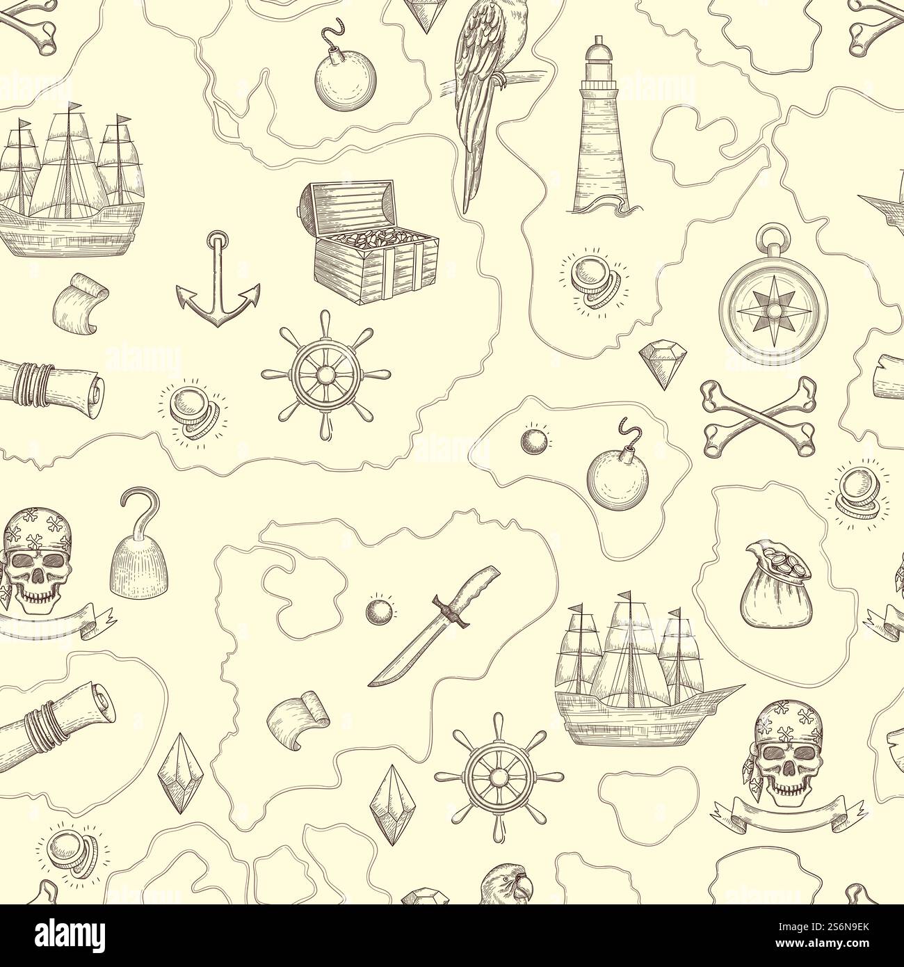 Pirate map seamless. Nautical vintage detailed adventure map with ...