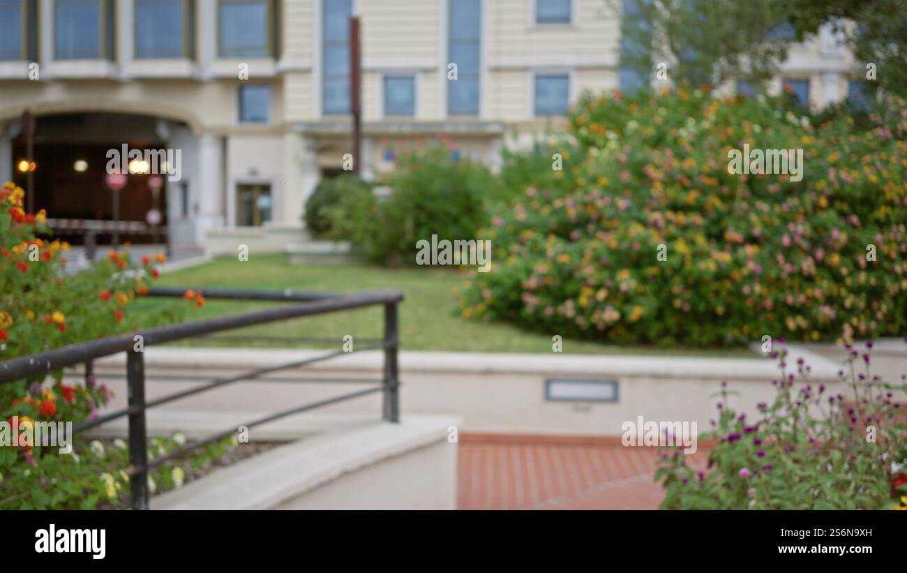 Blurred outdoor luxury scene in monaco with flowers, greenery, and soft ...