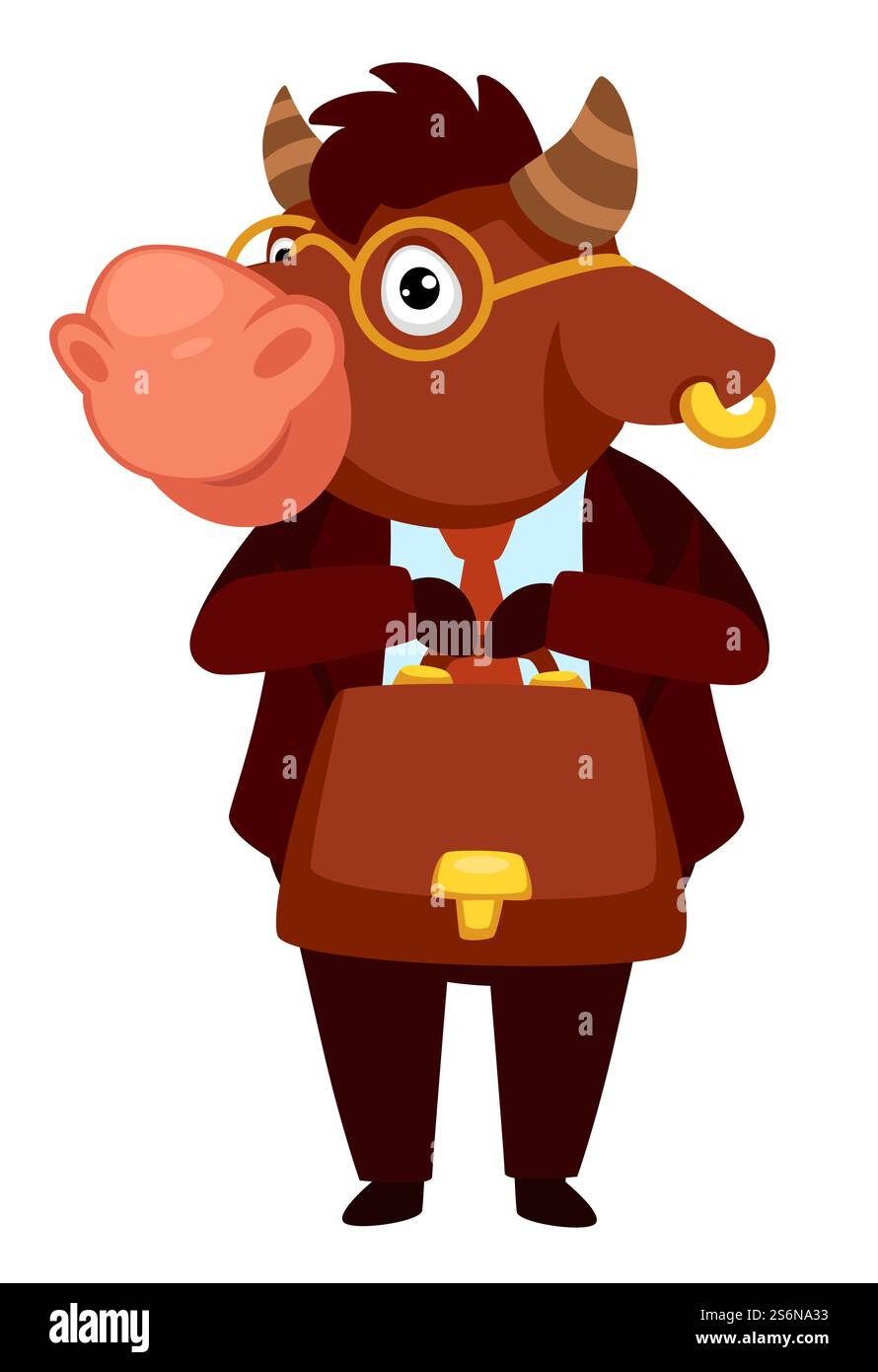 Bull character wearing glasses and formal clothes carrying briefcase ...