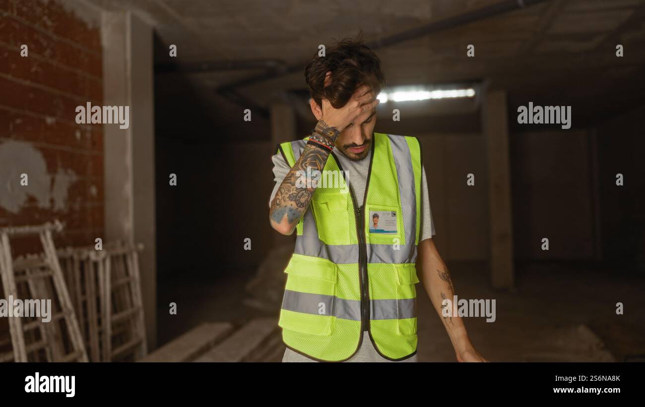 Young man wearing a high-visibility vest at a construction site holding ...