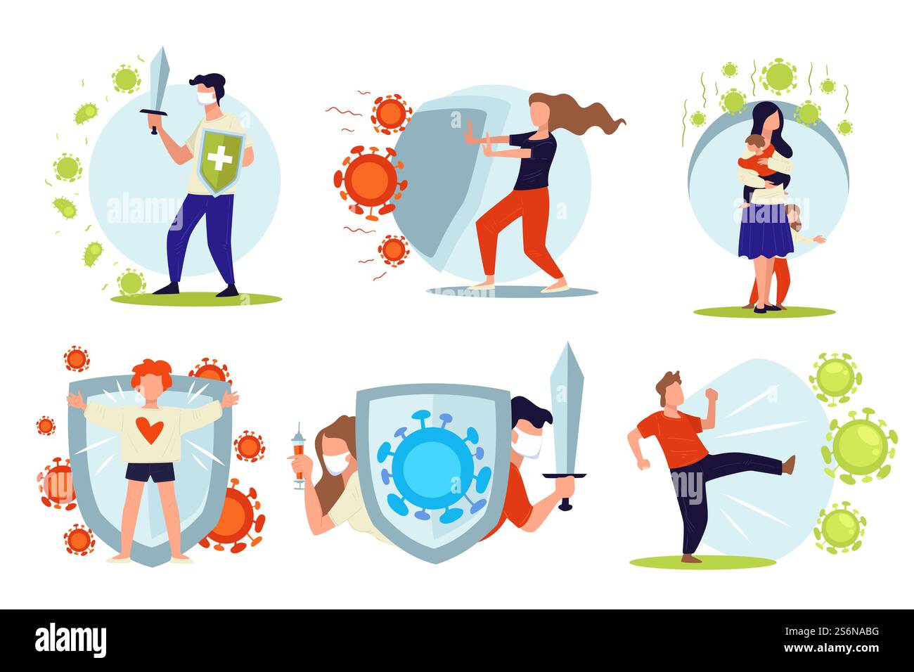 Characters saving world from bacteria, viruses and diseases. Heroic ...