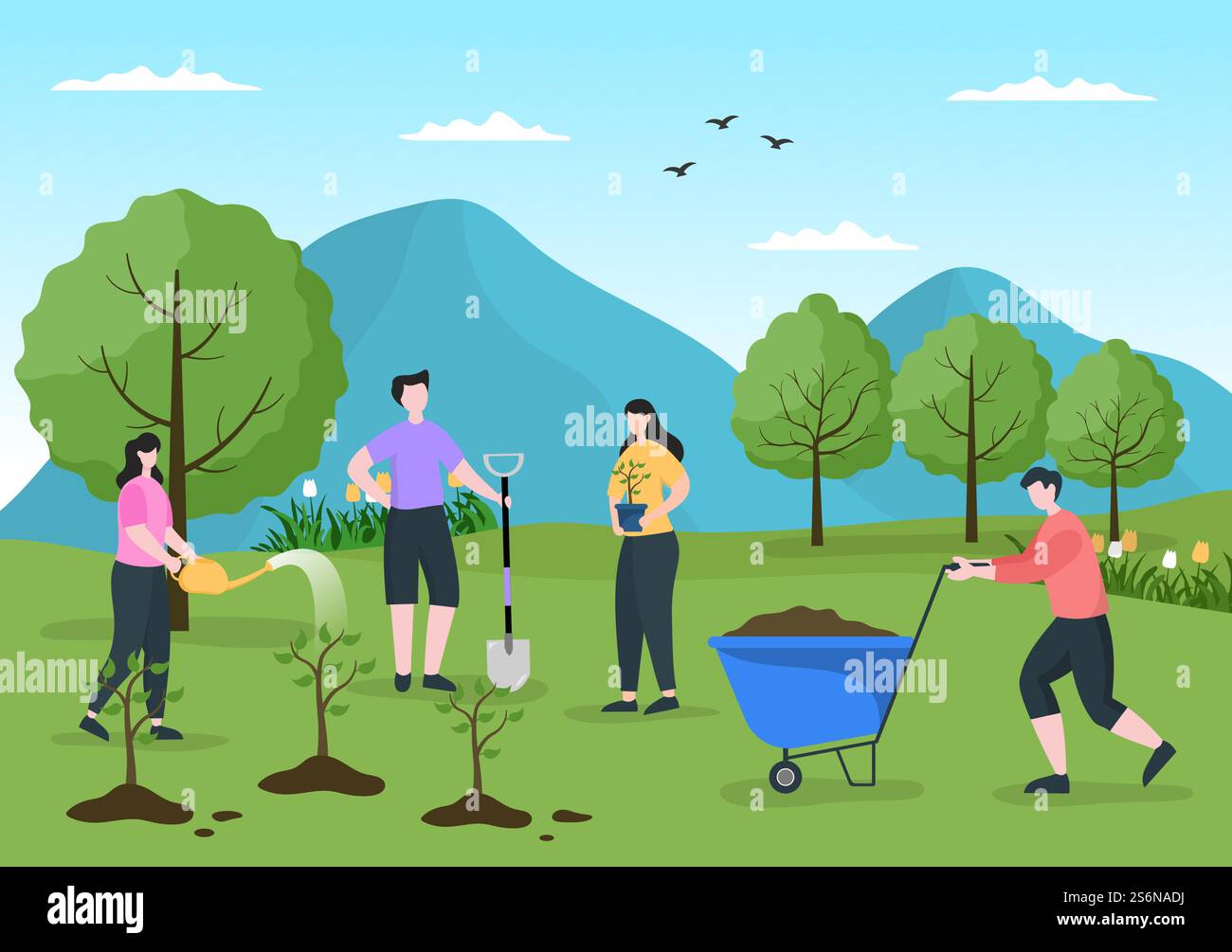 People Planting Trees Flat Cartoon Vector Illustration With Gardening ...