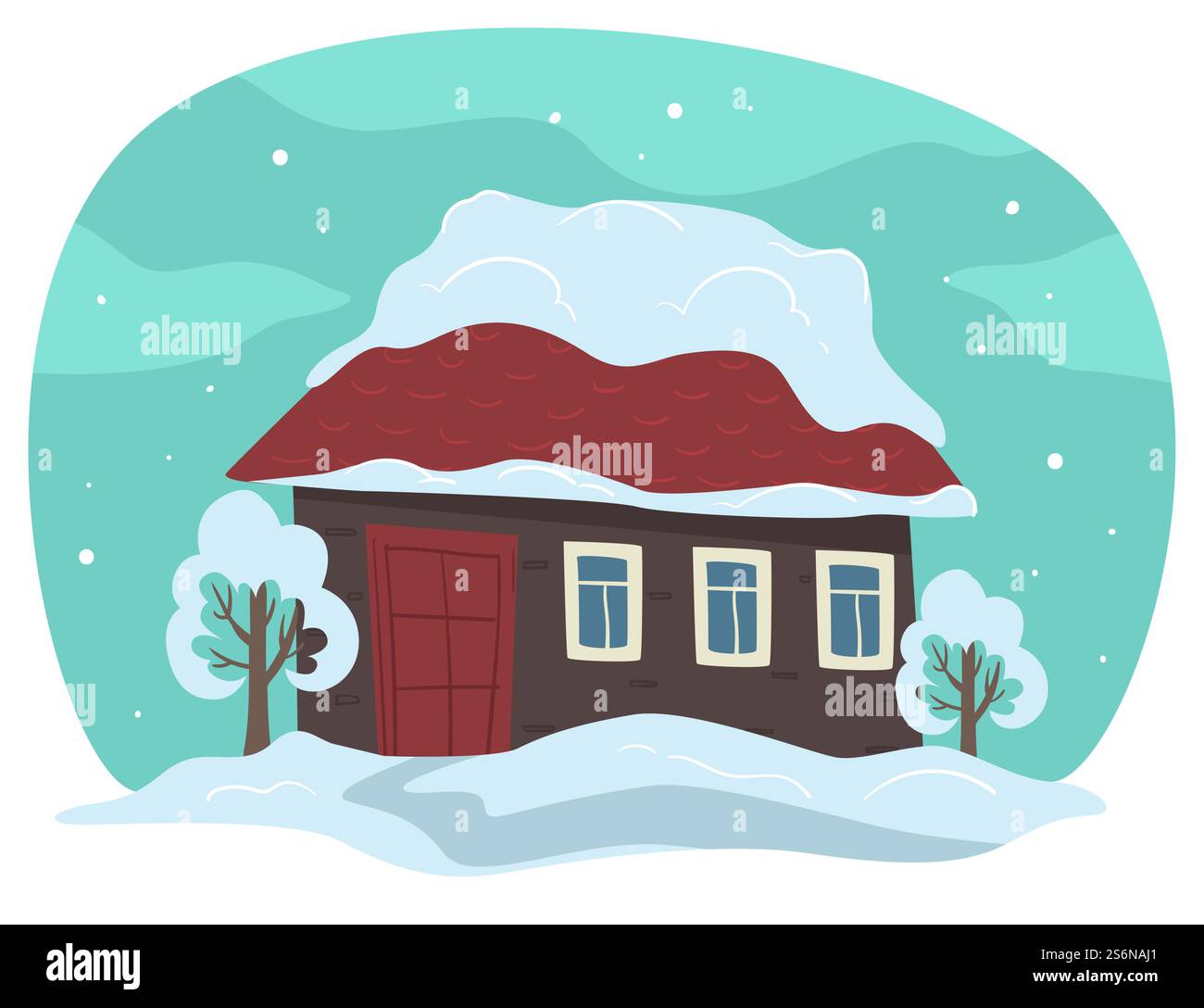 Winter countryside landscape with house and trees covered with snow ...