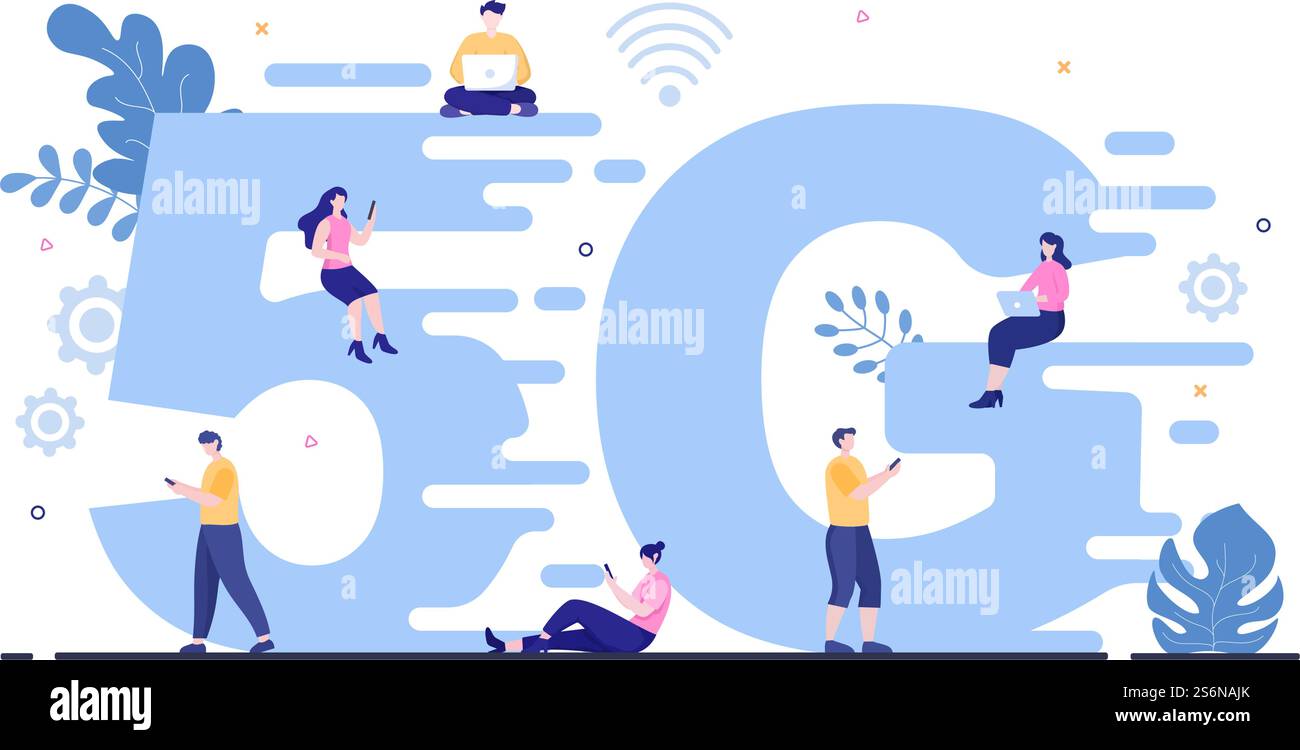 5G Network Wireless Technology Smartphone with Transmitter Tower Set Up High-Speed Mobile ...