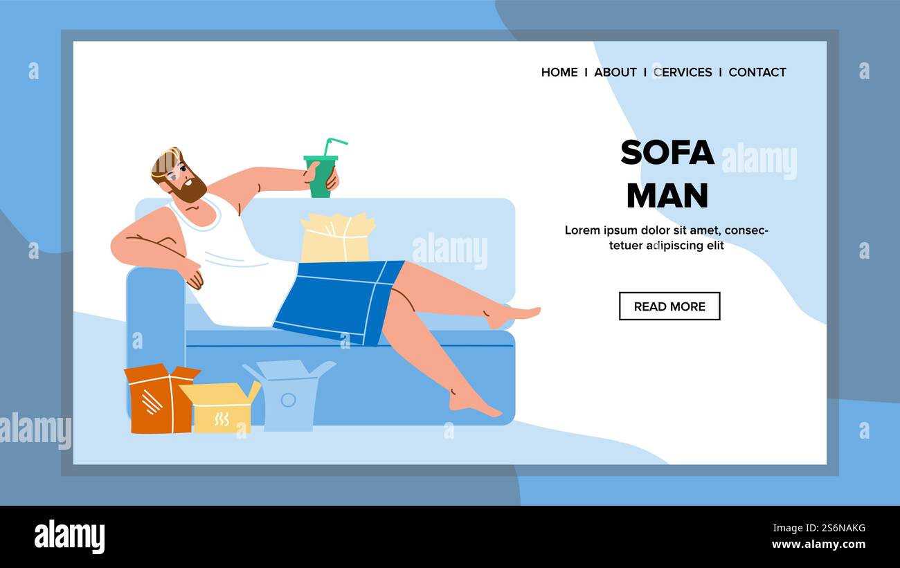 Man Laying On Sofa And Eating Fast Food Vector. Lazy Guy Resting On ...